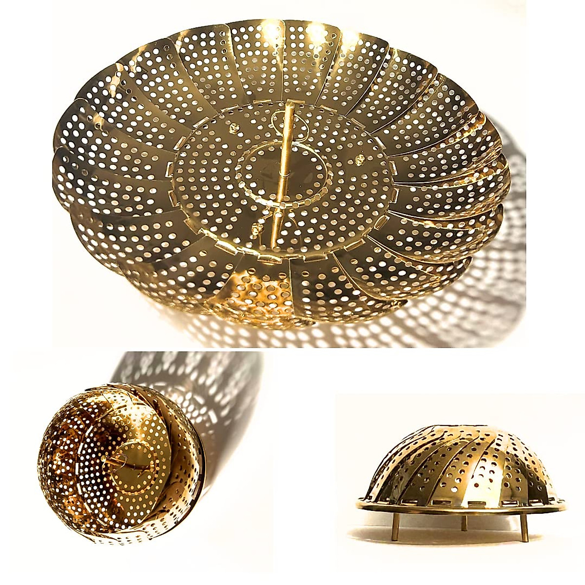 Steamer for Cooking Healthy Meals - Large Size 10 inch Foldable Vegetable Steamer. Steamer Basket. Stylish Golden Stainless Steel food steamer, great for steaming veggies, seafood, & more