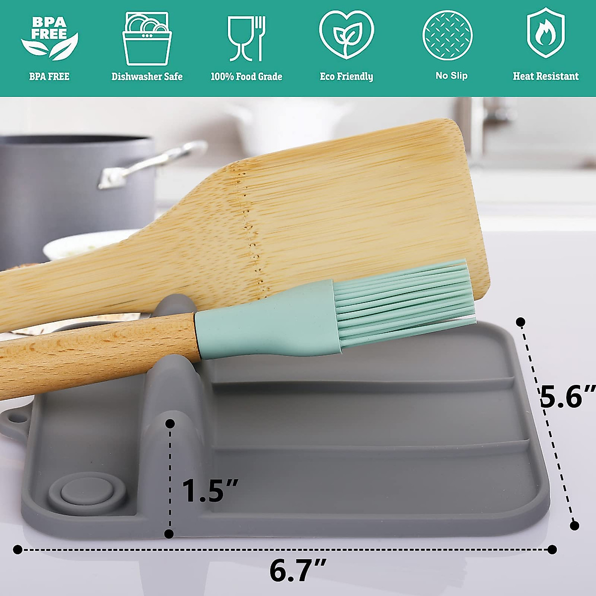 Amyandone Spoon Rest, Silicone Spoon Holder for Stove Top with Drip Pad Suitable for Multiple Kitchen Gadgets, 3 Grooves Upgraded Utensil Rest for Kitchen Counter, Heat Resistant Dishwasher Safe Gray