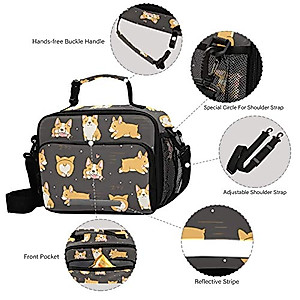 Dogs Reusable Leakproof Lunch Box Bag Corgi Sturdy Insulated Box with Adjustable Strap Portable Bag Organizer for Kids, Women, Men, Teens, Boys, Girls