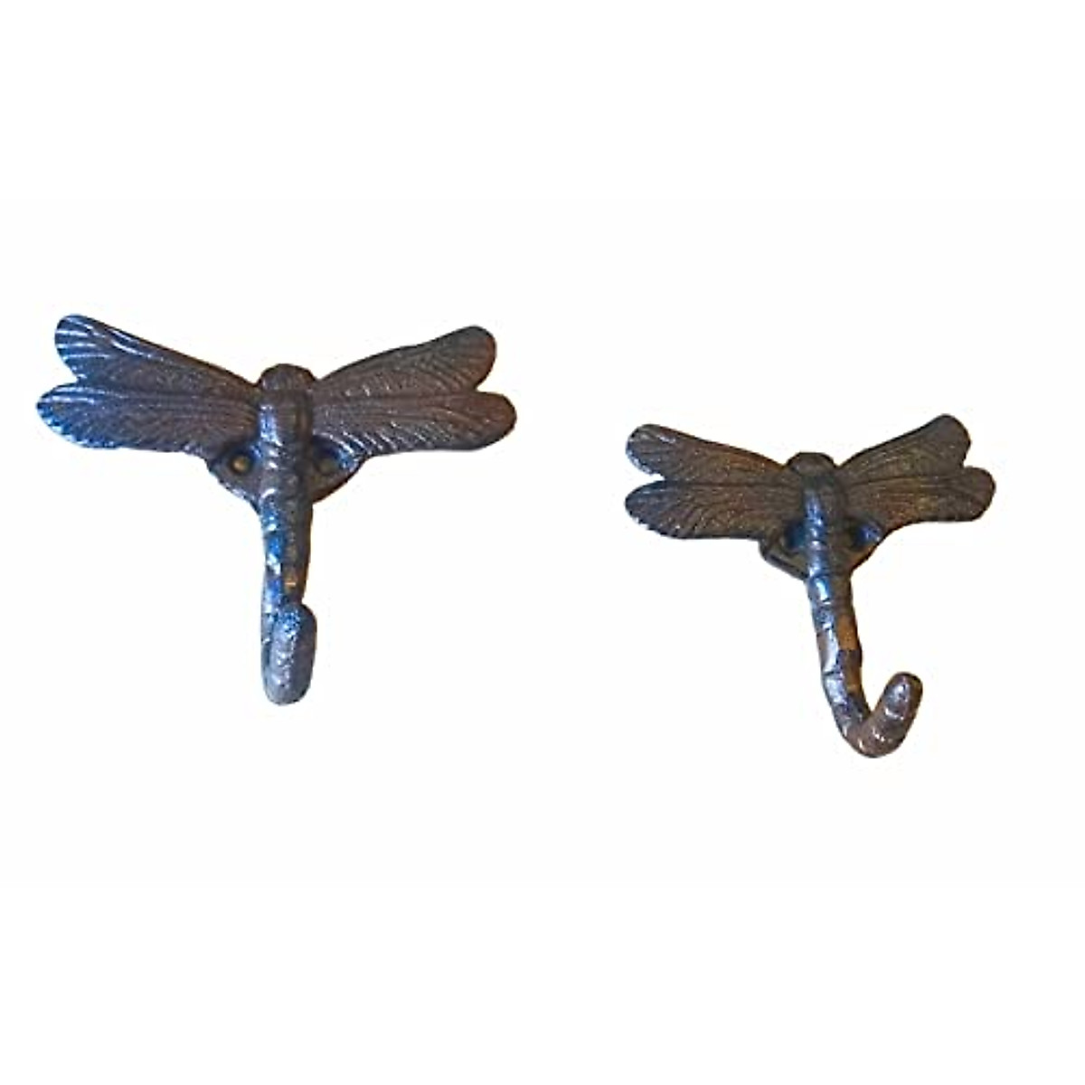2 pc Cast Iron Dragonfly Wall Hooks with Hardware Rustic Brown