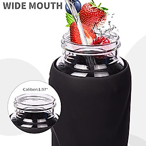 DEARRAY 32 oz Sports Glass Water Bottle with Straw & Silicone Sleeve Reusable BPA-free Borosilicate Glass Drinking Bottle with Flip Top Lid & Handle Wide Mouth (Deep Black)