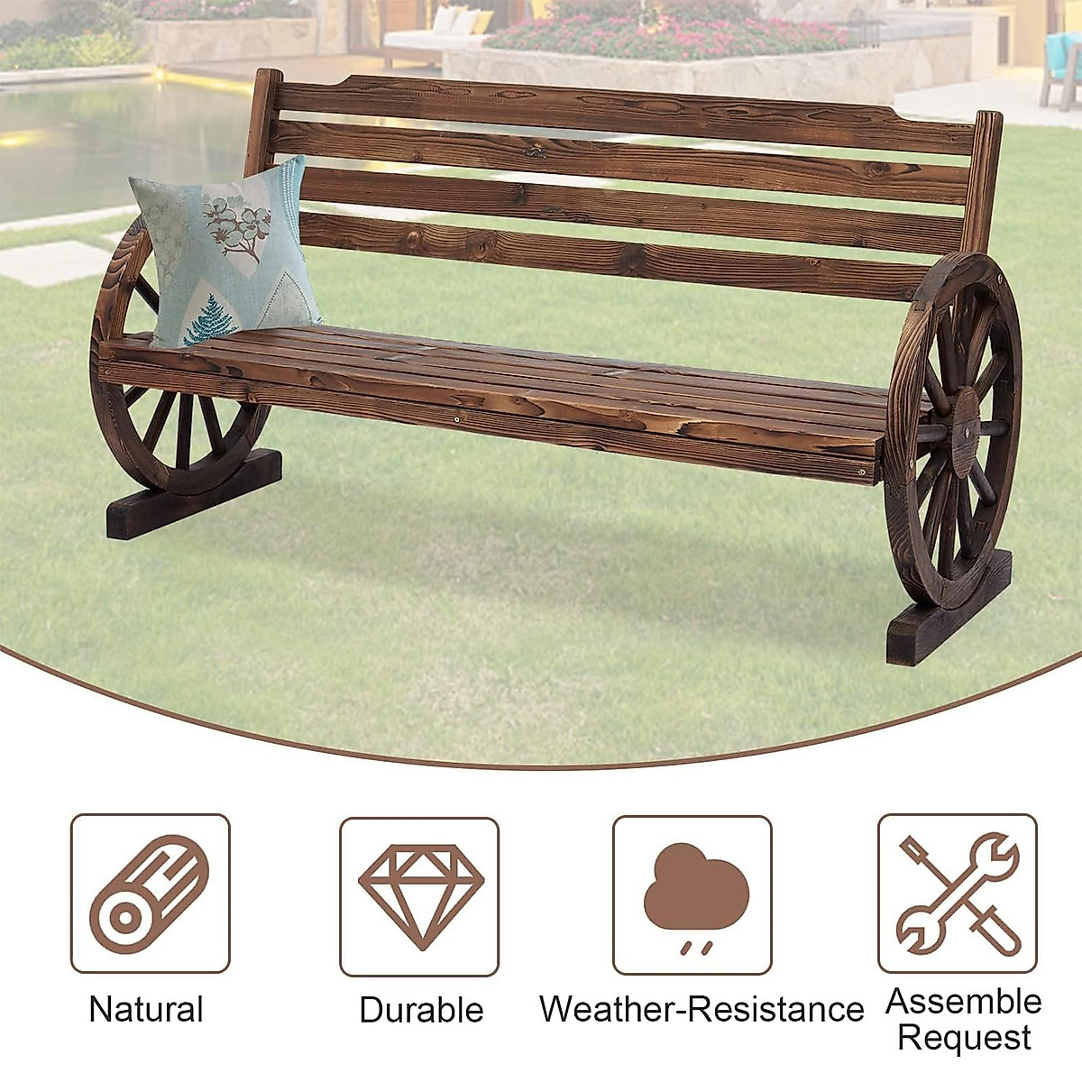 Kinfant Patio Bench Wooden Garden Seat - 55” Outdoor Rustic Brown 2-Person Wagon Wheels Furniture