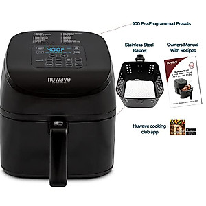 Nuwave 4.5-Qt Brio Air Fryer, 100 Pre-Programmed Recipes & 100 Memory Slots to Save & Recall Favorite Recipes, 100°F-400°F, Linear Thermal (Linear T) Technology for Perfect Results (Renewed)