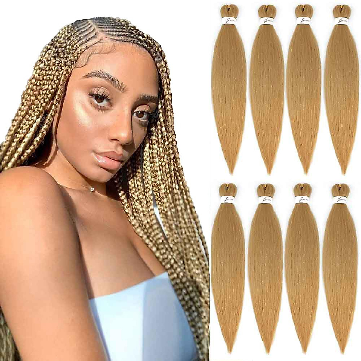 SOKU Pre Stretched Braiding Hair Extensions 24 Inch - 8 Packs Strawberry Honey Blonde Box Braids Synthetic Professional Crochet EZ Braid Neat Yaki Texture Hot Water Setting