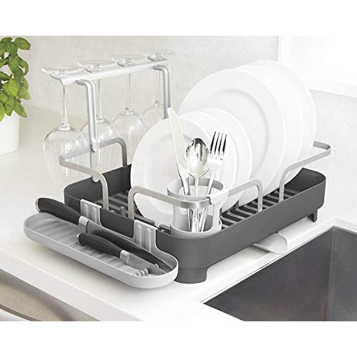 Umbra Holster Dish Rack– Molded Plastic Dish Drying Rack with Drainage Spout, Charcoal
