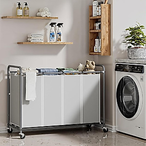 ROMOON 4 Bag Laundry Sorter Cart, Laundry Hamper Sorter with Heavy Duty Rolling Wheels for Clothes Storage, Grey