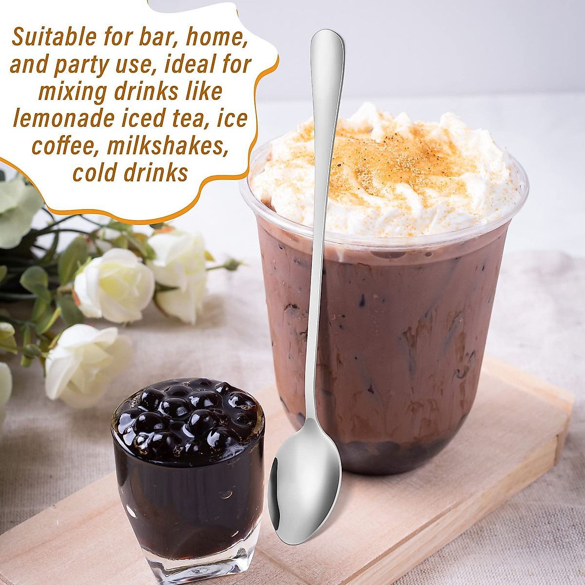 Roshtia Long Handle Spoons, 7.6 Inch Ice Tea Spoon, Long Handle Coffee Spoons, Coffee Stirrers, Ice Cream Spoon, Stainless Steel Coffee Spoons, Cocktail Stirring Spoons (24 Pieces)