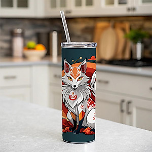 Kitsune Fox Japanese Folklore Skinny Tumbler 20oz with Straw Insulated Water Bottle Gift