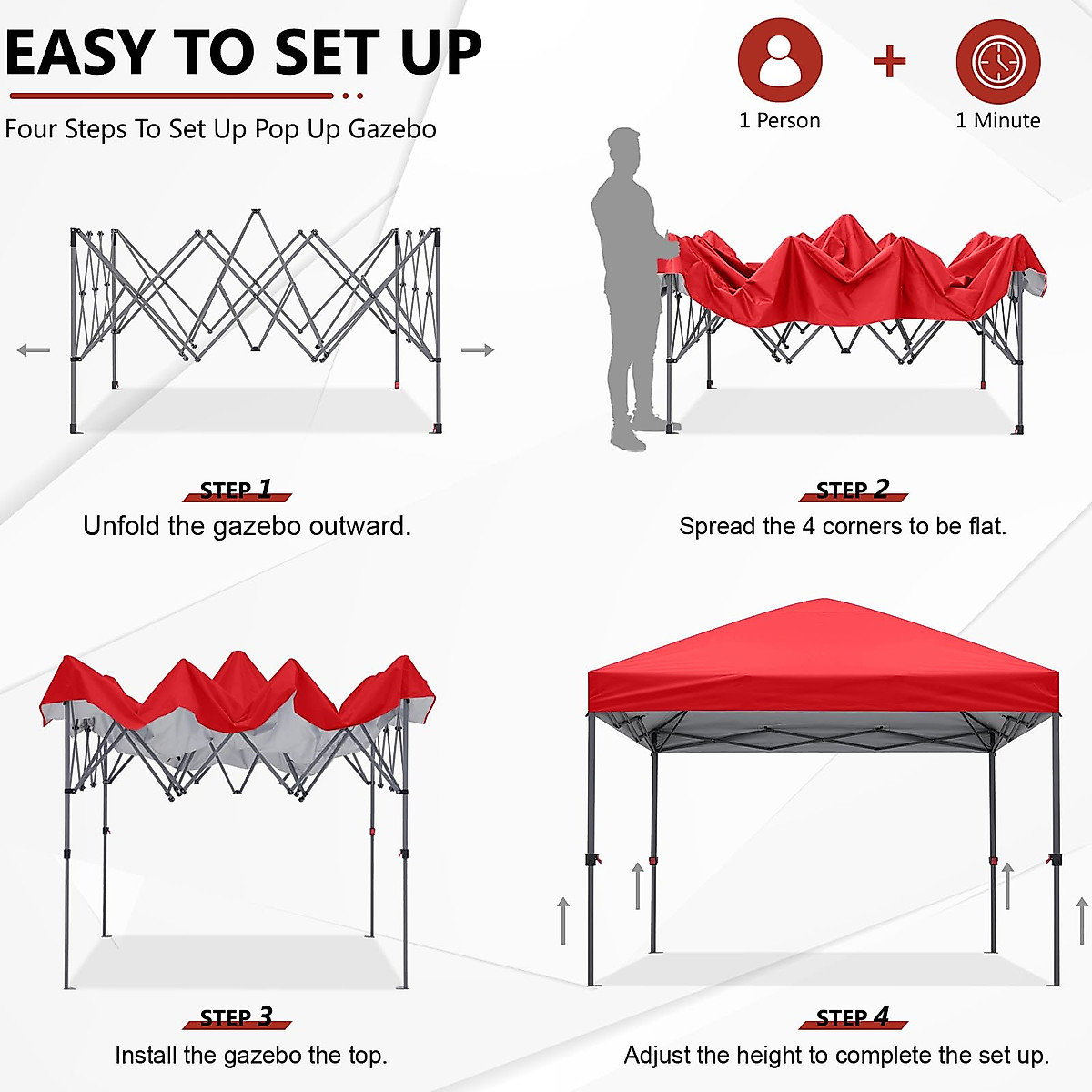 ABCCANOPY Durable Easy Pop up Canopy Tent 10x10, Red