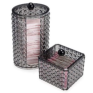 Hipiwe 2 Packs Q-Tips Cotton Round Holder - Acrylic Cotton Swab Canister Jar Cotton Balls Dispenser with Lid, Bathroom Vanity Countertop Storage Organizer for Makeup Sponges,Black