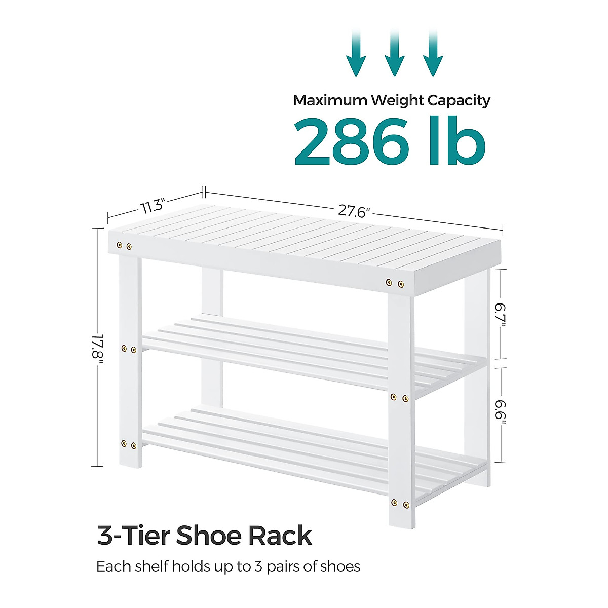 SONGMICS Shoe Rack Bench, 3-Tier Bamboo Shoe Storage Organizer, Entryway Bench, Holds Up to 286 lb, 11.3 x 27.6 x 17.8 Inches, for Entryway Bathroom Bedroom, White ULBS004W01