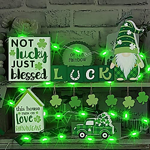 St Patricks Day Tiered Tray Decorations Set - St Patricks Day Shamrock Wooden Signs with Green String Lights for Spring Irish Saint Patricks Day Home Table Decorations
