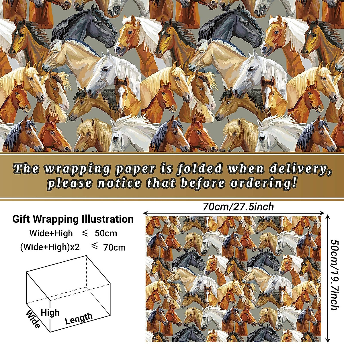 12 Sheets Horse Wrapping Paper Western Cowboy Gift Wrap Paper Redeo Gift Wrap Paper for Birthday Party Baby Shower DIY Craft, 19.7 × 27.6 Inch