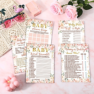 125 Pcs Floral Baby Shower Games for Girls Set of 5 Baby Shower Game Activities Floral Cards with 20 Pencils Includes Baby Bingo Guess Who Baby Price Is Right Description Word Scramble Game