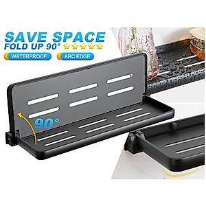 SKIKEN Folding Wall Shelf for Bathroom | 2-Tier Folding Metal Shelves | 90° Fold Up | Wall Mounted Drop Down Floating Shelf for Rv, Laundry Room, Toilet Room, Waterproof(2-Pack, Black)