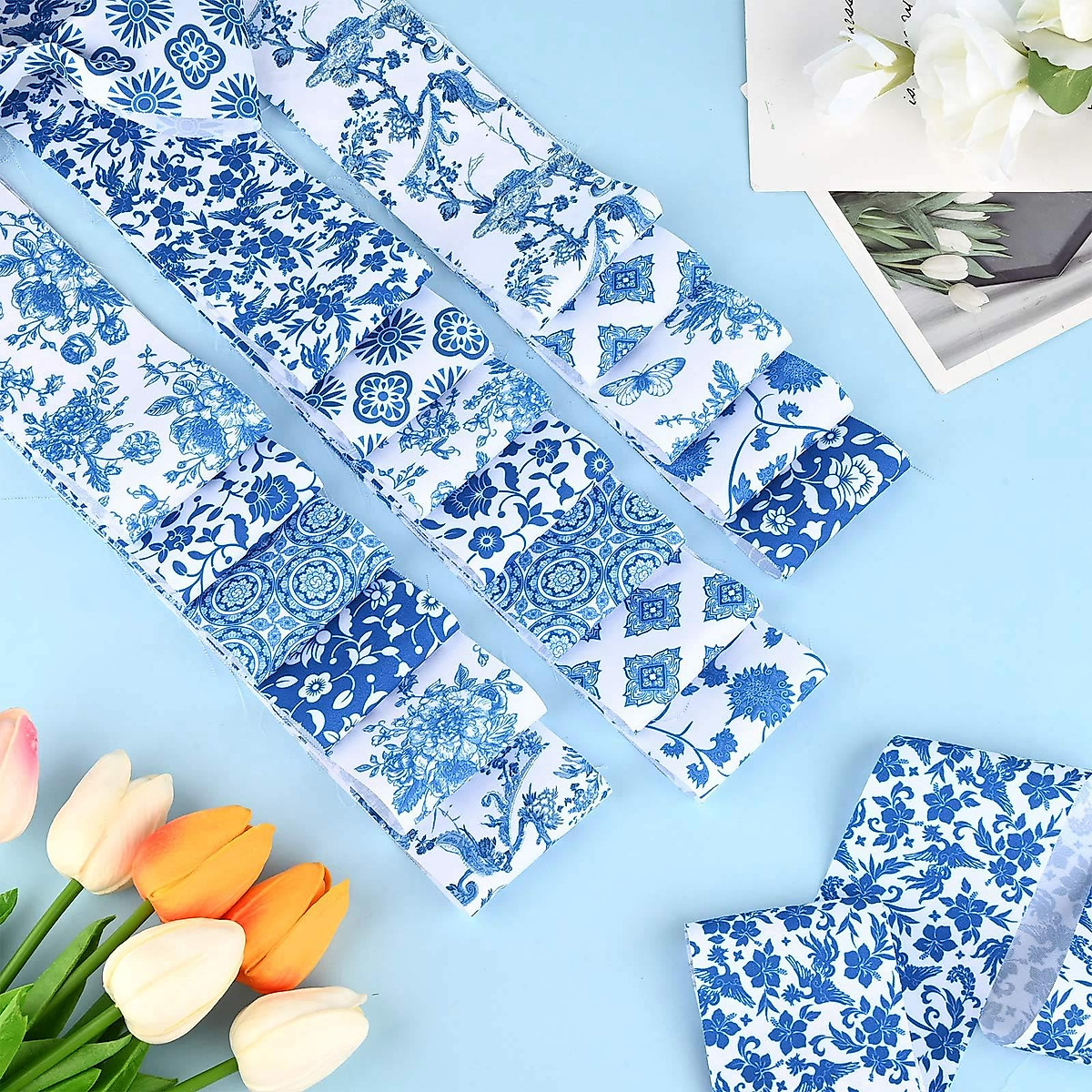 Bolsome 50Pcs Chinoiserie Jelly Polyester Fabric Roll White Blue Floral Quilting Strips Assorted Patterns Patchwork Craft Sewing Supplies for Quilters and Sewing Crafts, 39.37 × 2.55 Inch