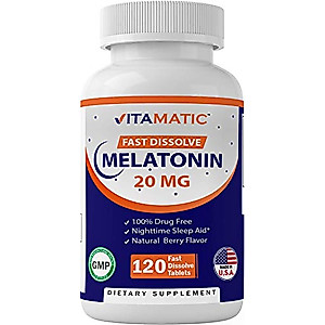 Vitamatic Melatonin 20mg Tablets | Vegetarian, Non-GMO, Gluten Free | HIGH Potency 20 MG | Natural Berry Flavor 120 Tablets