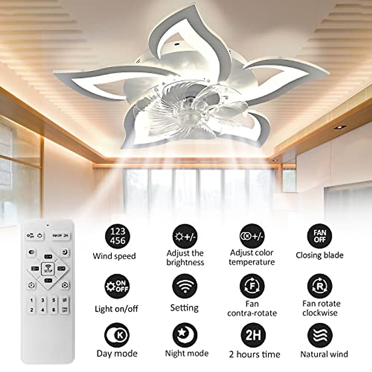 Jesskit 26.8" Ceiling Fan with Lights, Chandelier Ceiling Fans with 3 Color Dimmable and 6 Speeds Remote Control, Modern Indoor Flush Mount Ceiling Fans with Lights for Living Room Bedroom Dining Room