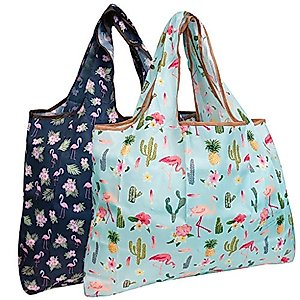 Wrapables Eco-Friendly Large Nylon Reusable Shopping Bags (Set of 2), Flamingo Fun