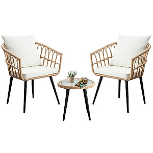 HYDRAGARDEN 3 Piece Patio Bistro Set, Outdoor Wicker Conversation Chair Sets Balcony Furniture with Coffee Table & Cushions, All-Weather Rattan Table and Chairs Set for Porch Backyard Deck Poolside