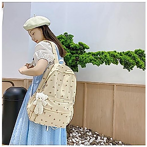 JHTPSLR Cottagecore Aesthetic Backpack with Plushies Pink Floral Preppy Backpack Flowers Backpack Cute Kawaii Backpack Book Bags (Beige)