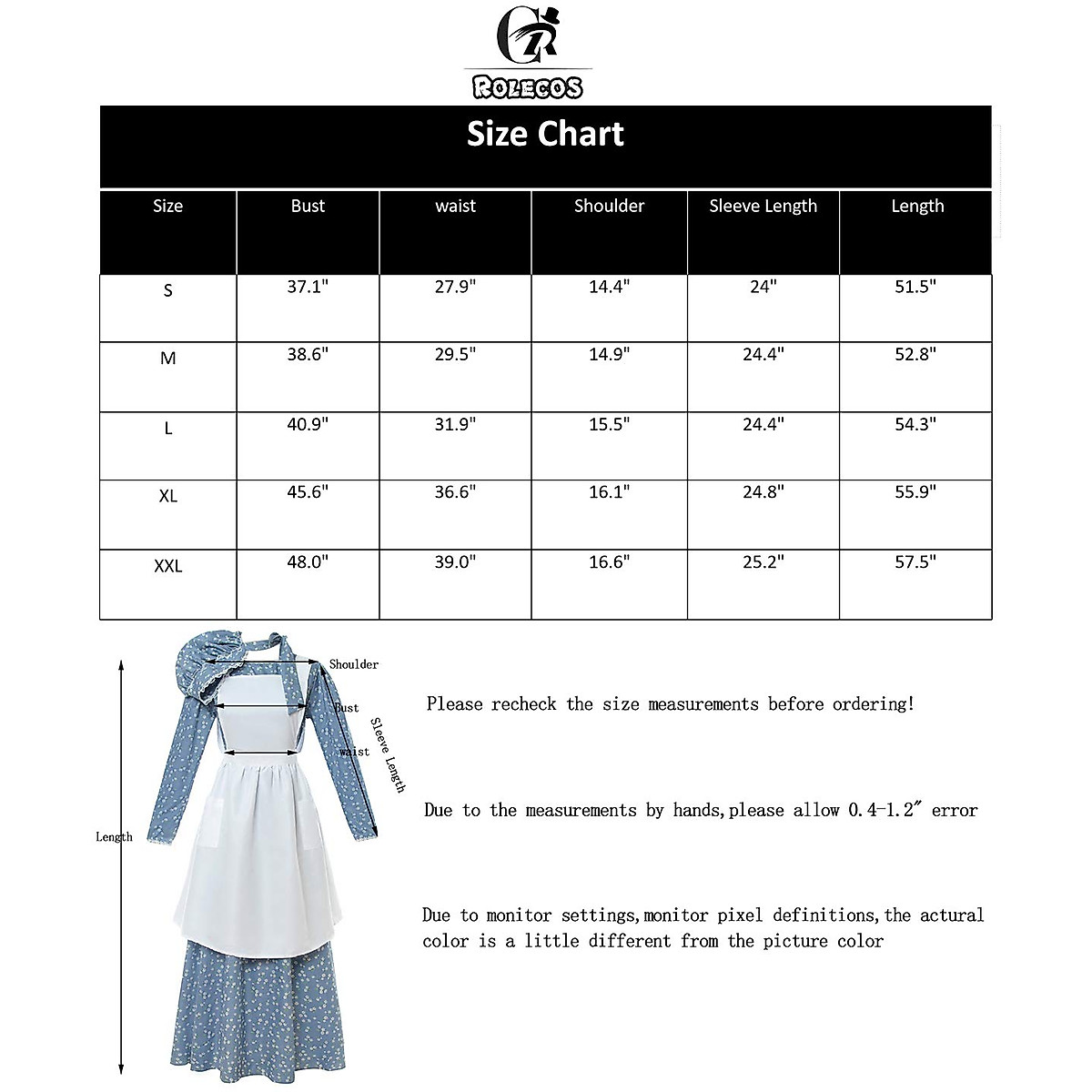 ROLECOS Pioneer Prairie Costume Womens Colonial Pilgrim Costume Amish Dress Pioneer Trek Dresses 3 Pcs Green L