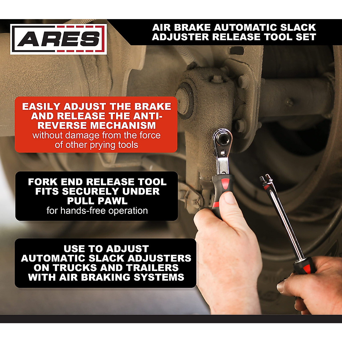 ARES 18070 – 2-Piece Automatic Slack Adjuster Release Tool and Wrench – Fork End Release Tool and Double Square Ratcheting Wrench for Air Brake System Adjustments – Carbon Steel Construction