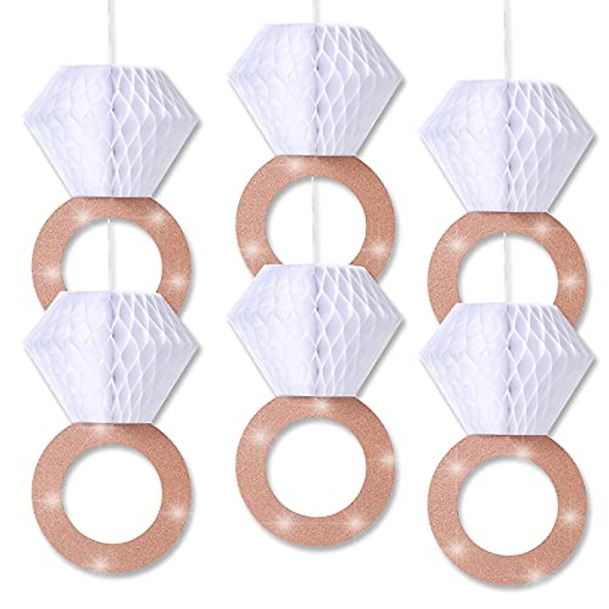 Engagement Party Decorations, Bridal Shower Supplies, Honeycomb Ring Hanging Decorations, Rose Gold Glitter Diamond Rings (6pcs), Engaged Diamond Rings Decorations for Engagement