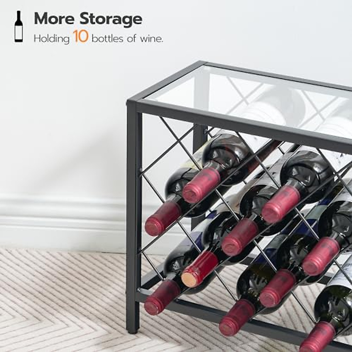 HOOBRO Wine Rack Countertop, 10-Bottle Wine Storage Rack, Freestanding Modern Glass Metal Small Wine Rack, Tabletop Wine Holder Stand for Bar, Dining Room, Kitchen, Black BK11JJ01