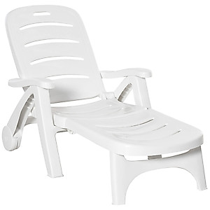 Outsunny Outdoor Chaise Lounge, 5 Level Adjustable Backrest Lounge Chair with Wheels, Folding Tanning Chair for Pool, Beach, Patio, Garden, White