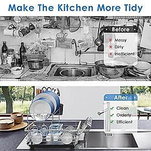 G-TING Dish Drying Rack, 2 Tier Detachable Dish Rack and Drainboard Set, Rust-Proof Drying Rack for Kitchen Counter, Large Capacity Dish Drainer with Utensils Holder and Cup Rack, Grey