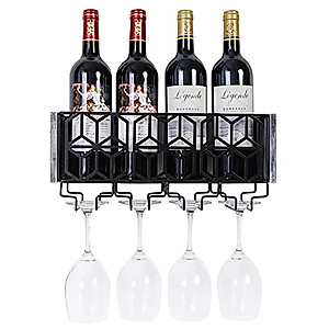 Satauko Wall Mounted Metal Wine Rack for 4 Long Stem Glass Storage, Wine Bottle Holder for Home Kitchen Décor, Rustic Floating Wine Shelves Organizer for Living Room Display.