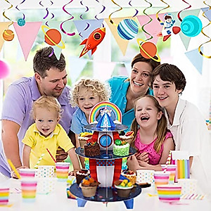 3 Tiers Rocket Cupcake Stand Outer Space Cardboard Cupcake Holder Galaxy Party Dessert Tower Solar System Treat Stand for Kids Space Birthday Decor Baby Shower Family Gathering Supplies
