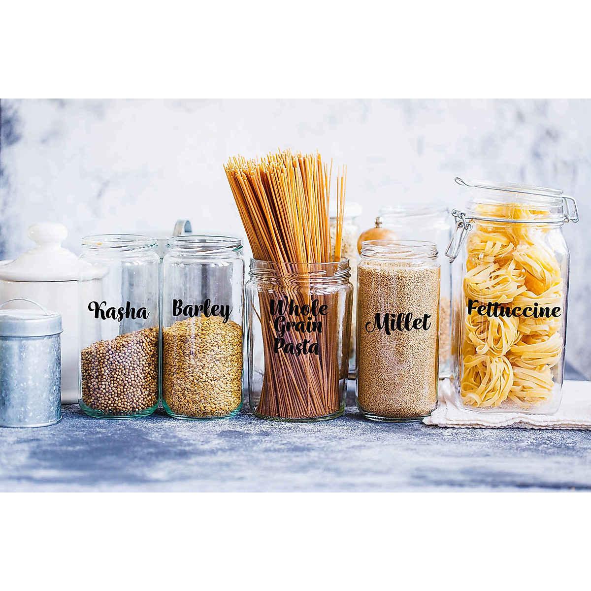 Pantry Labels: 377 Bold Cursive Gloss Clear Preprinted Water Resistant Complete Label Set to Organize Storage Containers, Jars & Canisters w/ a Extra Write-on Sticker