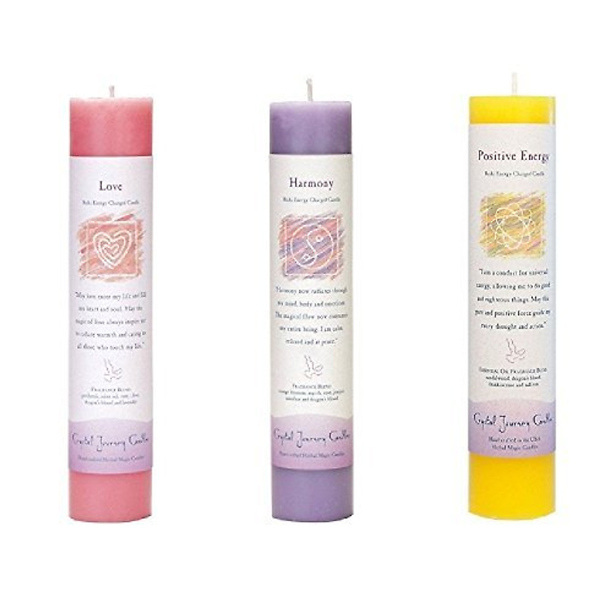 Crystal Journey Attract Love Reiki Charged Herbal Magic Pillar Candle with Inspirational Labels - Bundle of 3(Love, Harmony, Positive Energy) Each 7"x1.5"