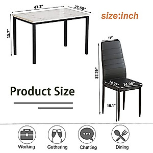 Lamerge Kitchen Tables Set for 4, Dining Faux Marble Top Table and 4 PU Leather Chairs, 5 Pieces Dining Room Table Set for Small Space, Breakfast Nook and Apartment, Black