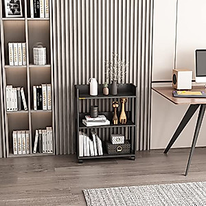 ALISENED Small Bookshelf and Bookcase, 3 Tier Wood Nightstand with Wheels, Modern Bedside End Table with Storage Rack for Bedroom, Library, Living Room, Home, Office Cart, Black