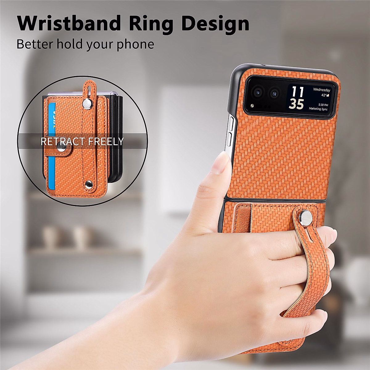 DAMONDY for Consumer Cellular Moto Razr 2023 Case with Wristband Ring,Motorola Razr 2023 Flip Case, Full Body Thin PU Leather Wrist Strap Kickstand Phone Cover Cases for Motorola Razr 2023 -Brown