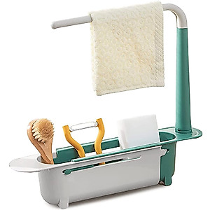 Telescopic Sink Sponges Storage Rack, 11.8 -17.7inch Adjustable Soap Sponge Organizer for Kitchen Sponge and Soap Expandable Storage Drain Basket with Dishcloth Hanger…