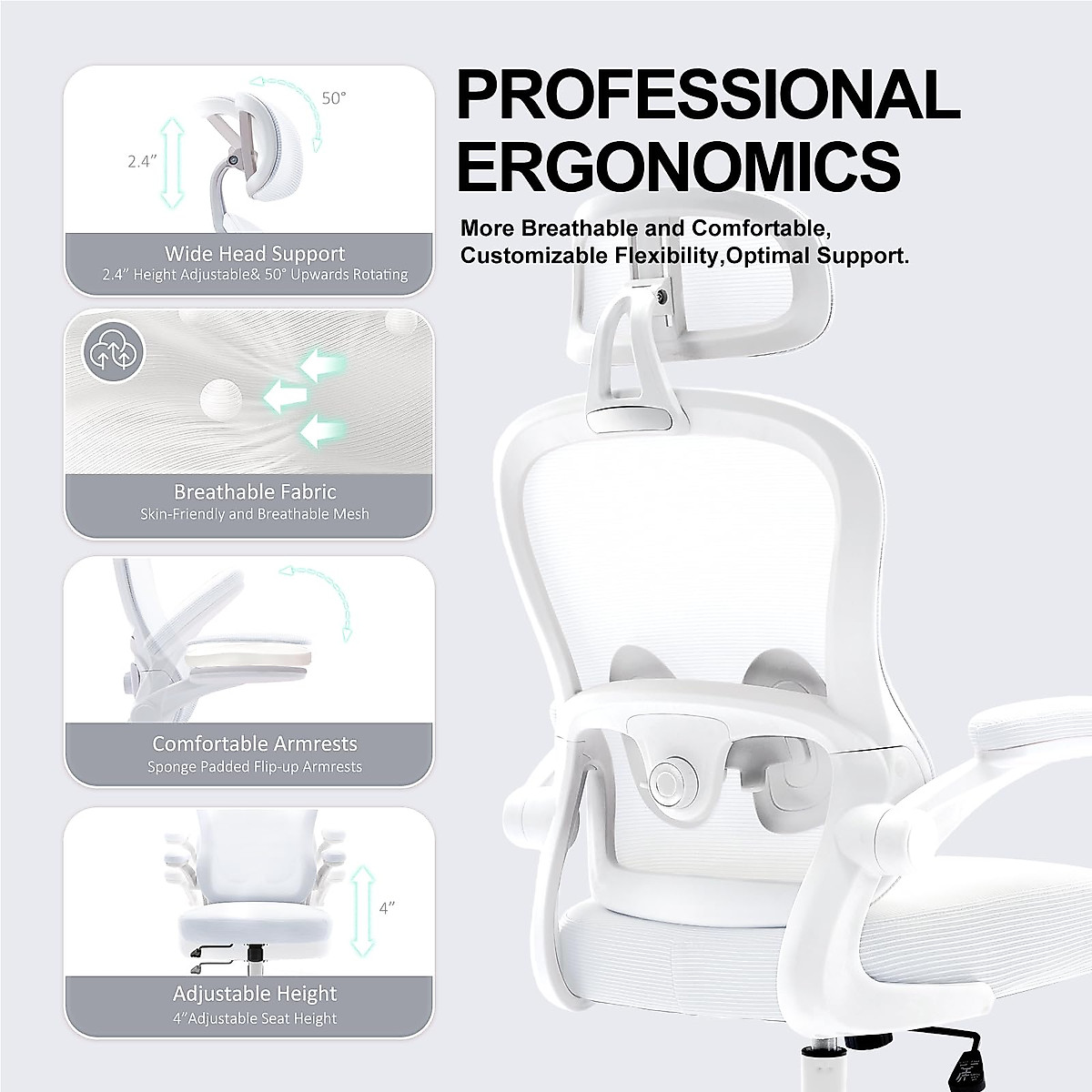 TUKAKA Ergonomic Office Chair,Ultra Thick Office Desk Chair with Adjustable Lumbar Support and Headrest,Spring Cushion,Rocking Function,Flip-up arms,Mesh Computer Chair for Home Office,White