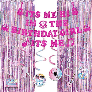 Glitter Popular Birthday Party Decorations Set - NO DIY - Its Me Hi Im The Birthday Girl Its Me Banner & Hanging Swirls & Foil Fringe Curtain for Pink Girls Fans Singer Birthday Party
