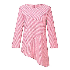 wodceeke Women's Three-quarter Sleeve Linen T-shirt Round Neck Plain Stripe Shirt Tee Casual Loose Irregular Hem Tops (Pink, S)