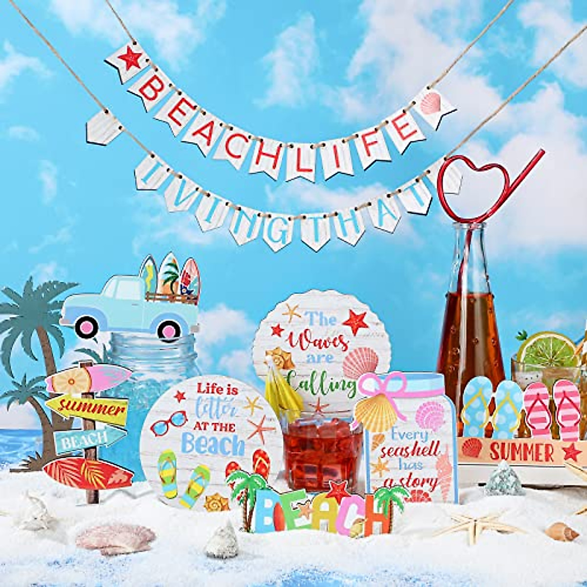 31 Pcs Summer Hawaii Tiered Tray Decor Beach Summer Farmhouse Decor Wood Rustic Beach Tiered Tray Decorations Coastal Summer Wooden Sign with Slippers Sunshine for Kitchen Table Shelf Home Party