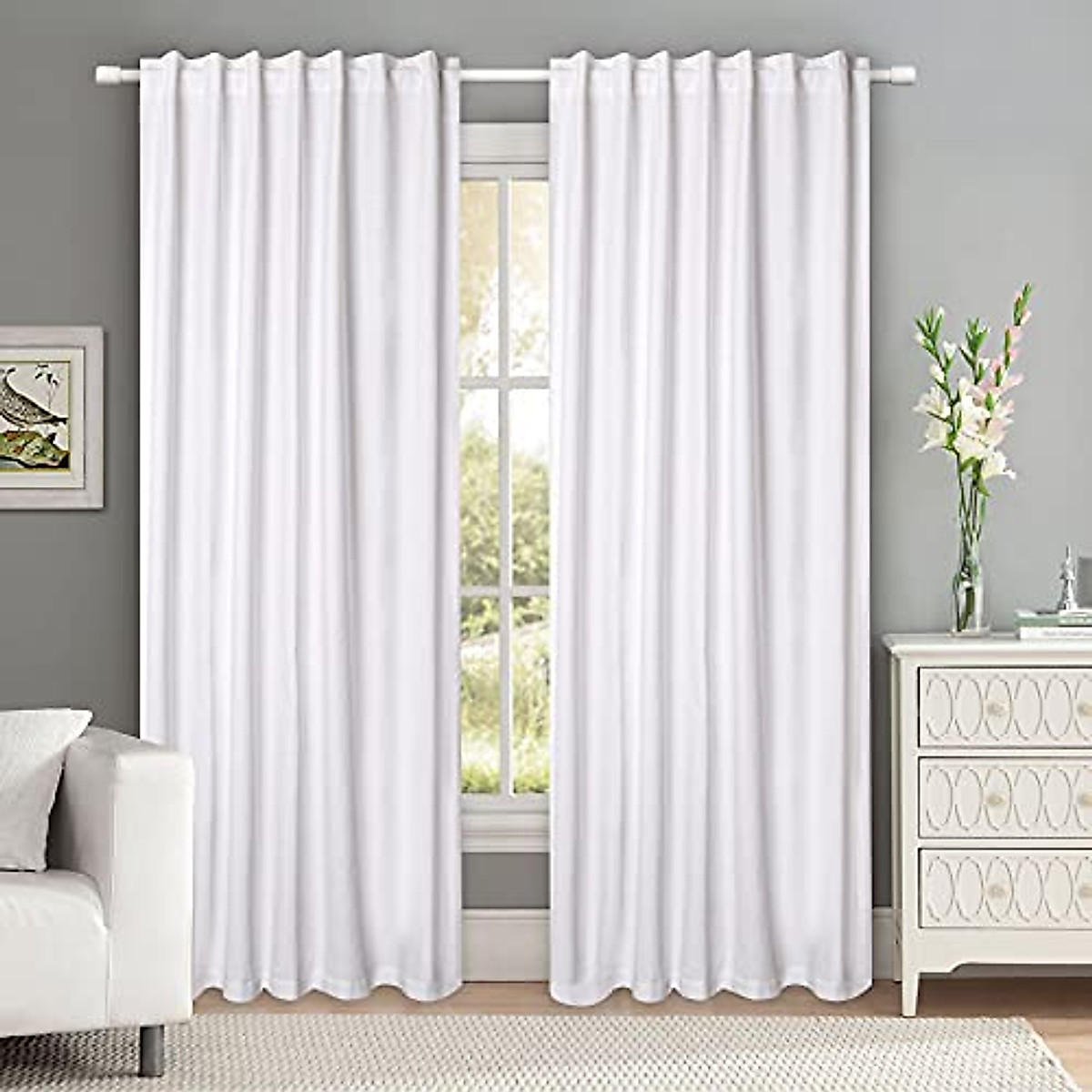 Hausattire White Cotton Window Curtains 50x72 Inches - Set of 2, Reverse Tab Top Curtain Panels in Cotton Slub Duck Fabric for Kitchen, Living Room, Bedroom, Farmhouse Drapes
