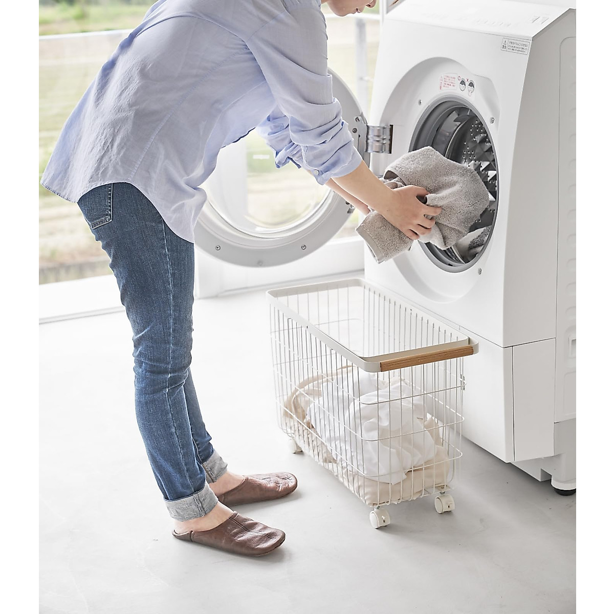 Yamazaki Home Tosca Compact Rolling Laundry Basket Cart - Metal Hamper With Wheels And Handle For Easy Mobility - Space-Saving Storage Solution, 15" - Steel + Wood - 9.2 Gallons, 35L