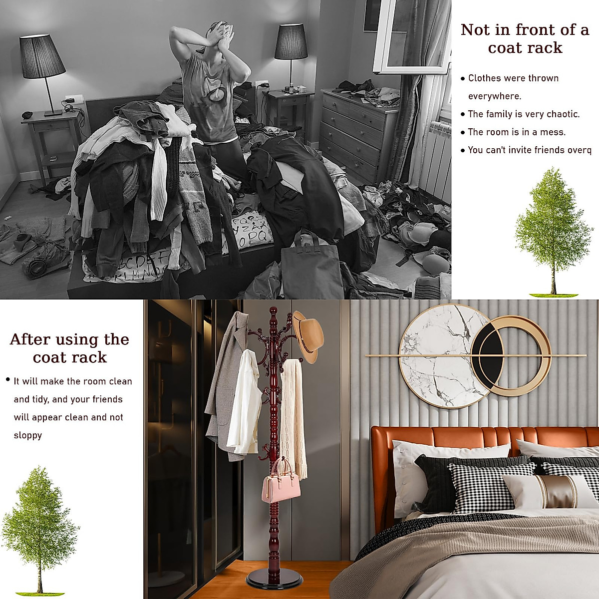 Zacammy Heavy Coat Rack Freestanding, Natural Wood Hall Tree, Adjustable Height 73in and Versatile 14 Hooks for Entryway, Porch, Living Room, Bedroom, Home Office (Rosewood)