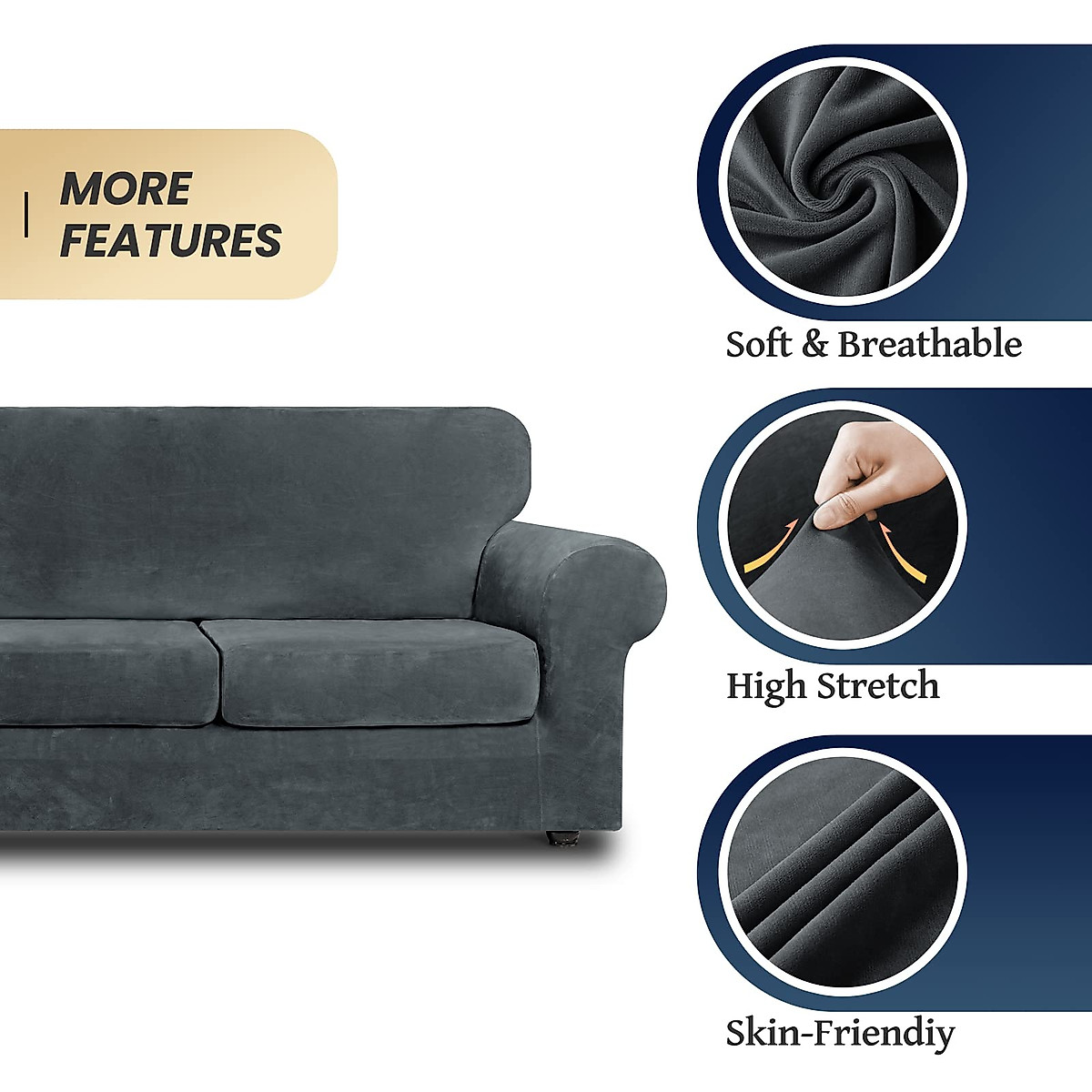 Asnomy Sofas Covers for 2 Cushion Couch Loveseat Cover Velvet Stretch Slipcovers for Dogs Cats,2 Seat Cushion Furniture Protector Machine Washable（Medium，Dark Grey）