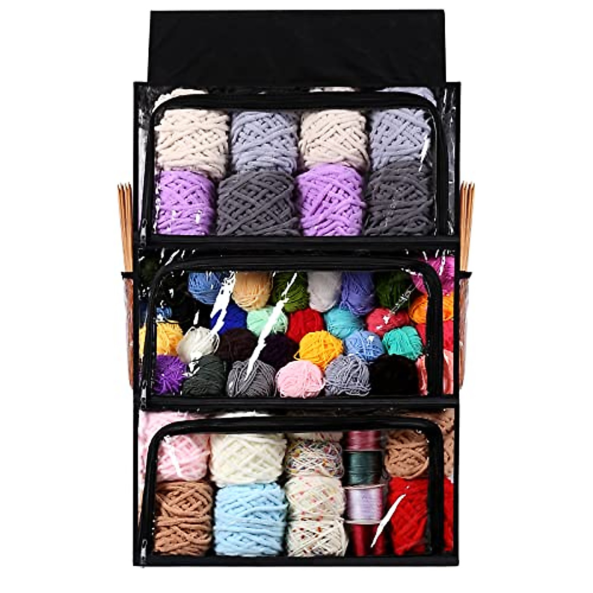 Yarn Storage Organizer Container with Crochet Bag, 5 Layer Separable Large Clear Yarn Bag Organizer for Crochet Hooks, Hanging Yarn Storage Knitting Storage Organizer (3 compartments)