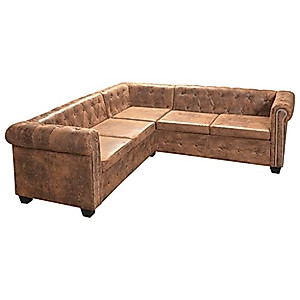 FAMIROSA Chesterfield Corner Sofa, L Shape 5-Seater Sectional Sofa Faux Leather with Cushions for Living Room Home Office Furniture Brown