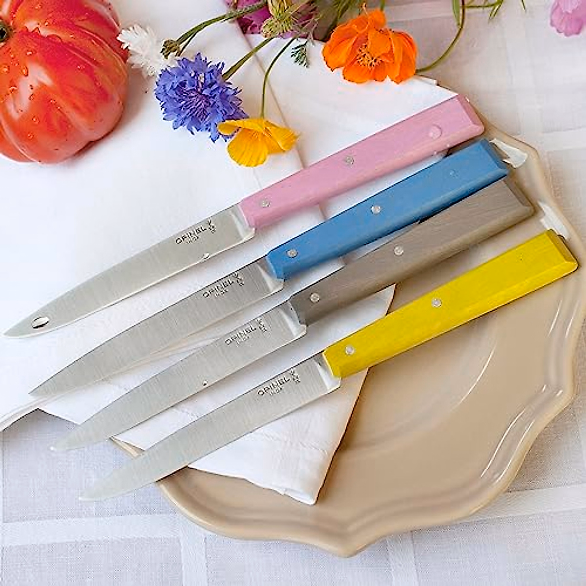 Opinel No. 125 Table Knives, 4 Piece Set, High Carbon Steel Dinner Knives for Parties, Entertaining, or Everyday Use, Painted Hornbeam Handles, Made in France (POP),ys/m,254225